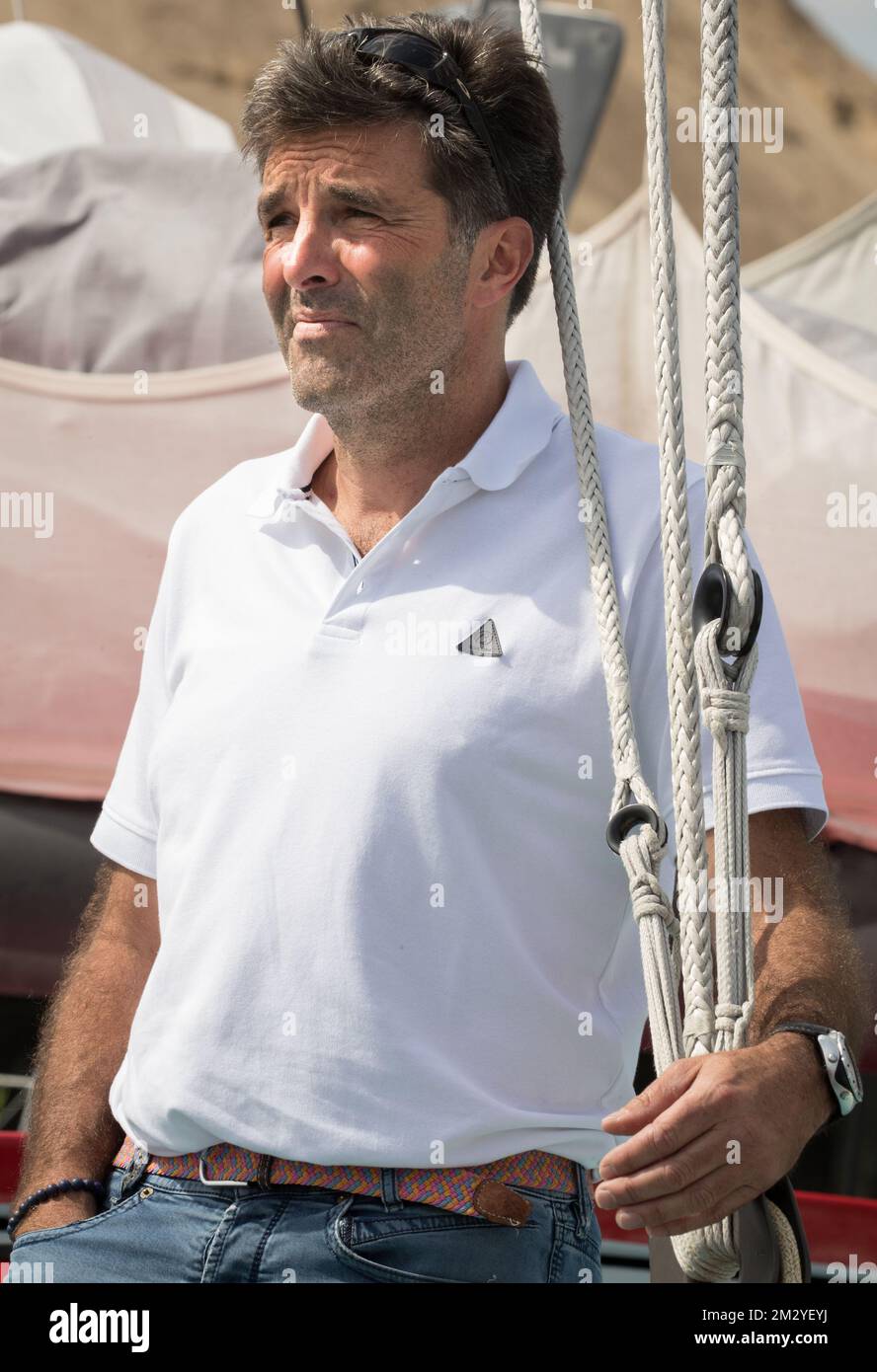 Belgian skipper Denis Van Weynbergh pictured on his boat in Oostende ...