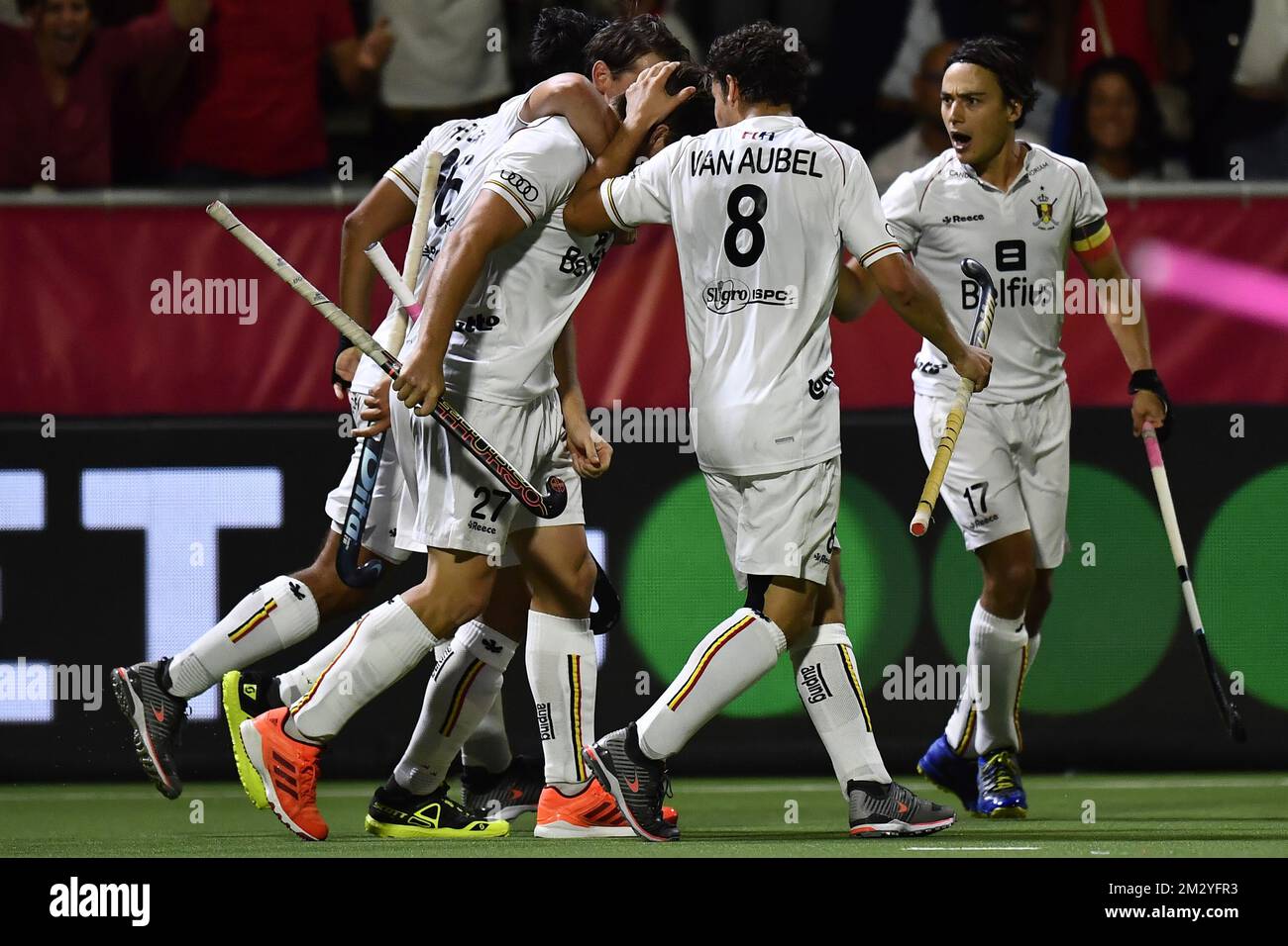 Belgium's Tom Boon celebrates after scoring during a hockey game ...