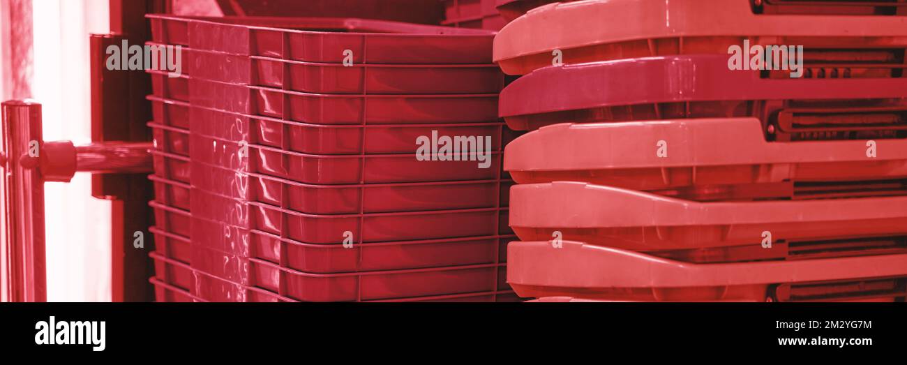 Many same shop basket. Retail consumer carts. Empty parking store mall ...