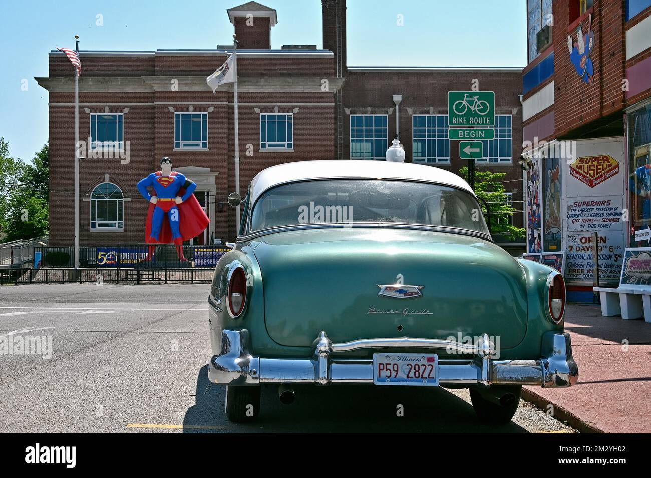 Vintage car in front of the Superman Museum in the historic district of ...