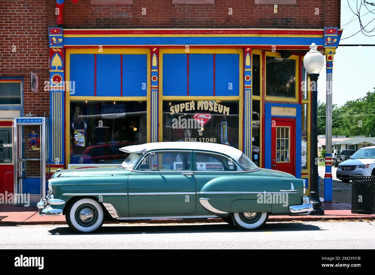Vintage car in front of the Superman Museum in the historic district of ...