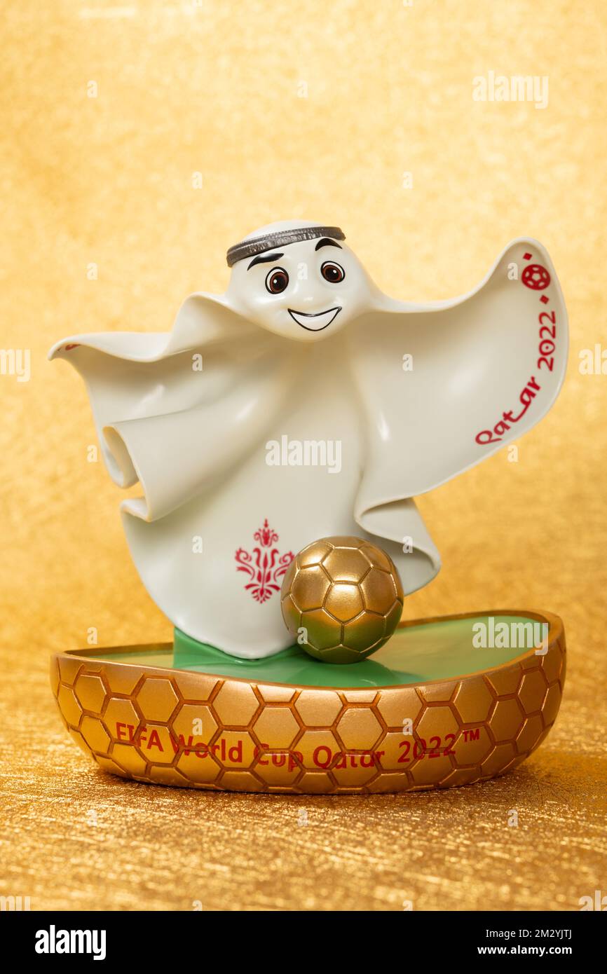 ZHONGSHAN China-December 5,2022:Qatar World Cup 2022 official mascot La'eeb on golden background ...