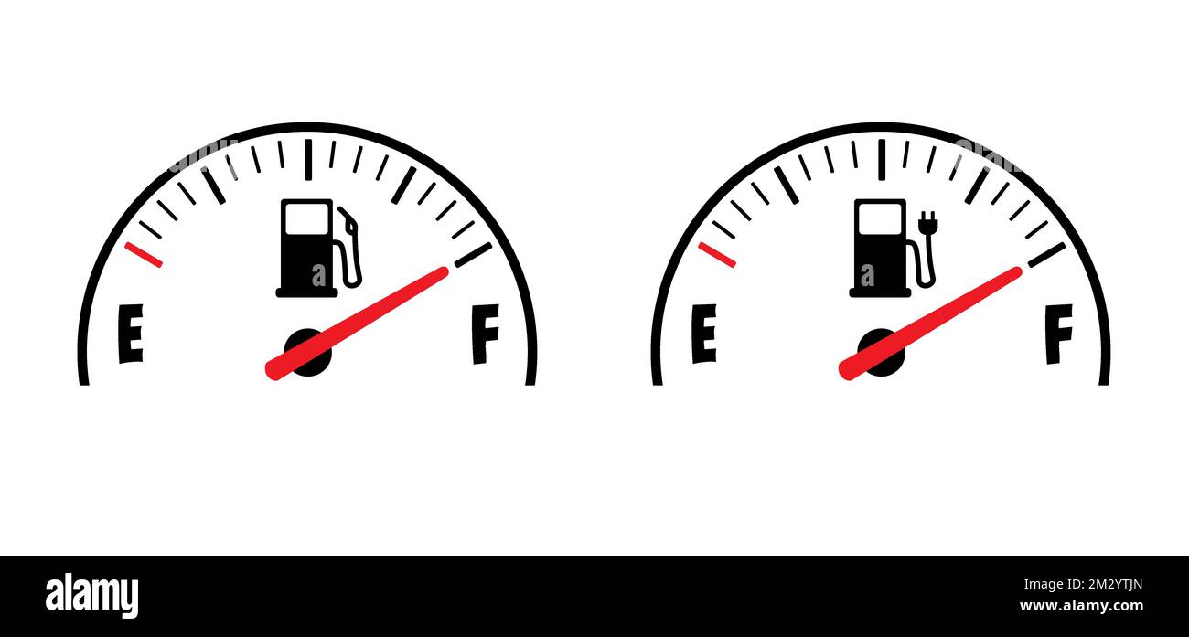 Cartoon fuel gauge. Car flling station. Petrol pump or electric plug ...