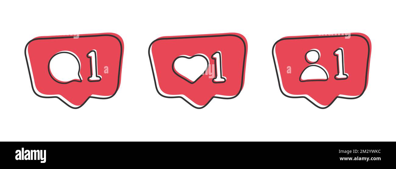 Social media notification flat icons in red color. Social media comment ...