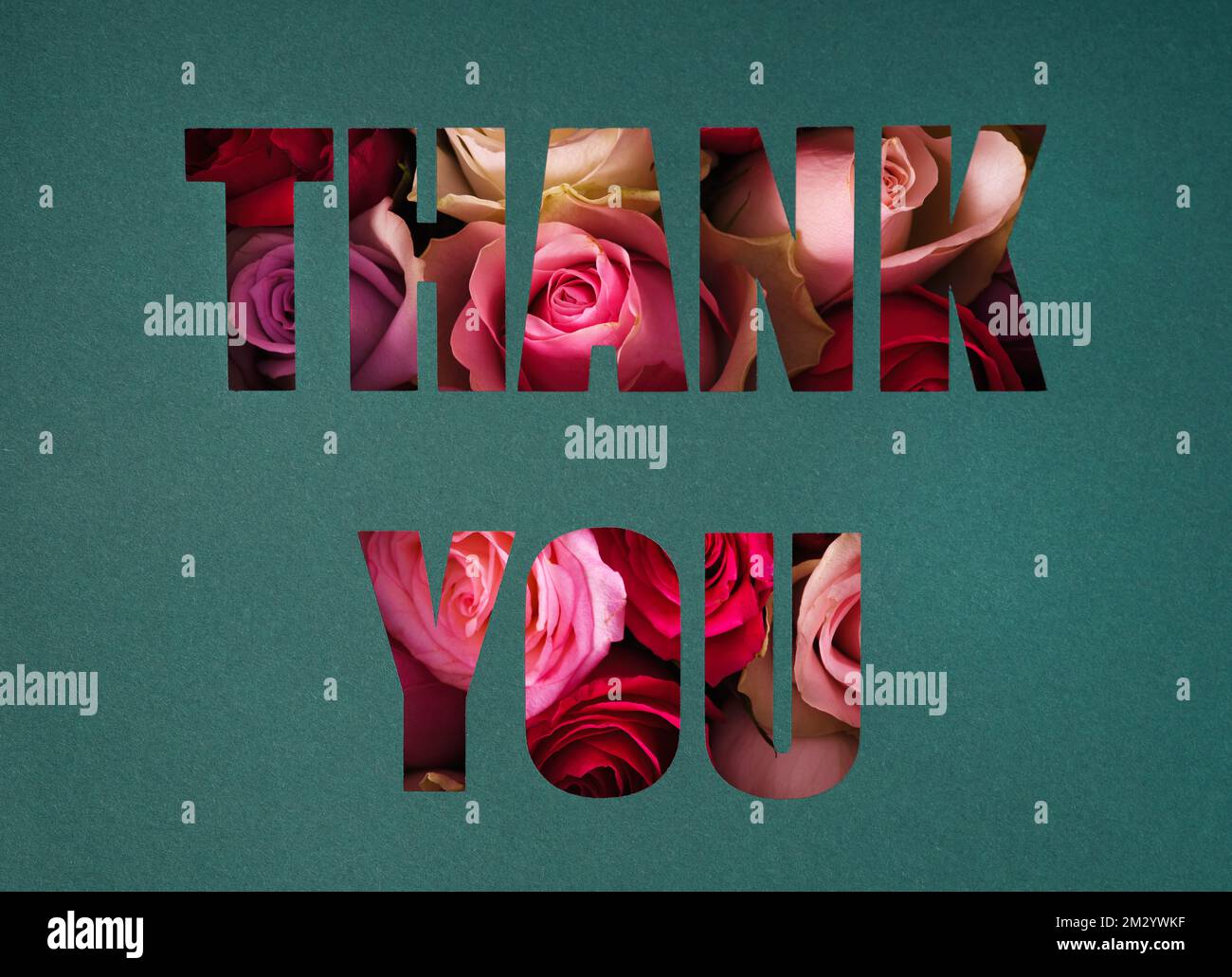 The words Thank You cut out of a green piece of paper with roses ...