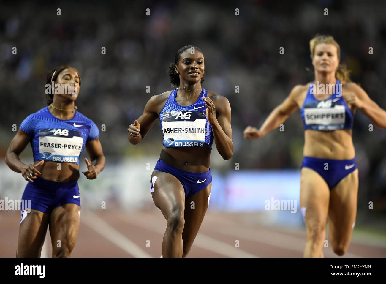 Shelly-ann Fraser-pryce and Dina Asher-Smith pictured at the women's 100m race at the 2019 ...