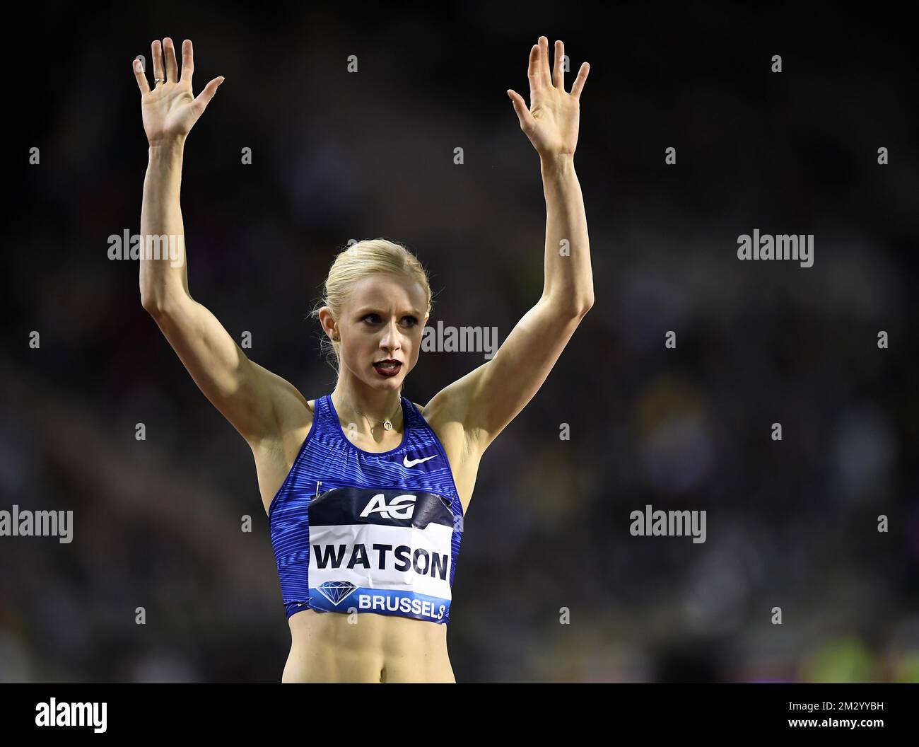 Canadian Sage Watson celebrates after winning the women's 400m hurdles ...
