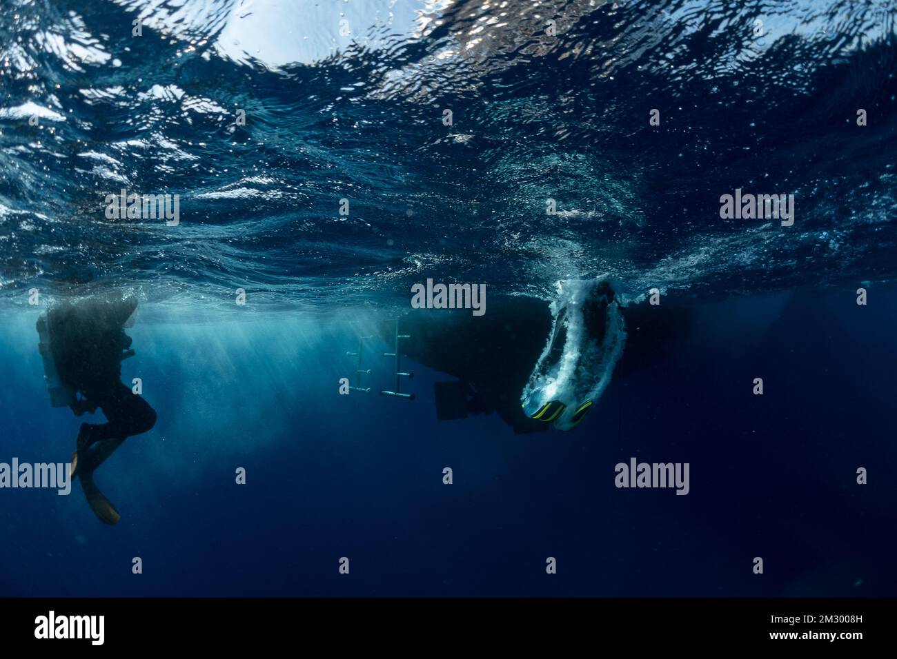A scuba diver jumping from a boat into the sea while creating a lot of ...
