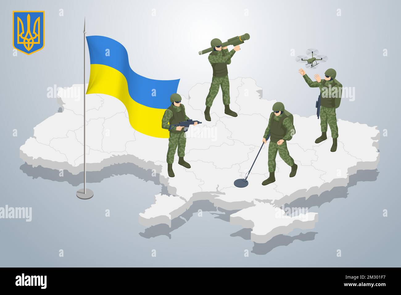 Isometric Ukrainian soldier on the background of the map of Ukraine and ...