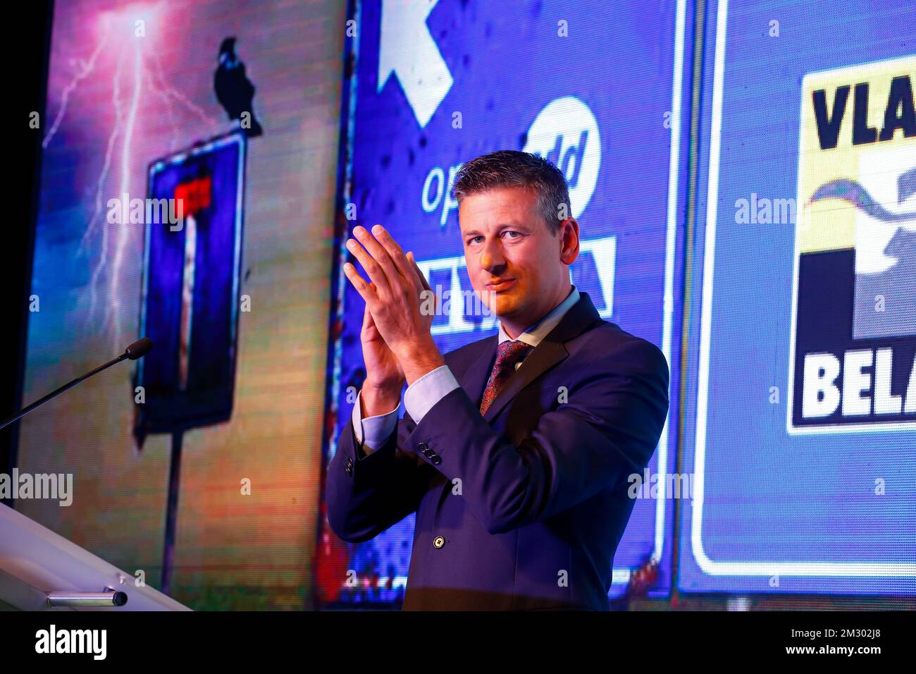Vlaams Belang's Chris Janssens delivers a speech at a national fight ...