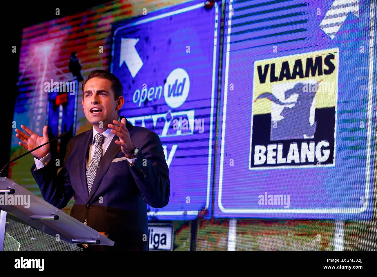 Vlaams Belang's Tom Van Grieken delivers a speech at a national fight ...