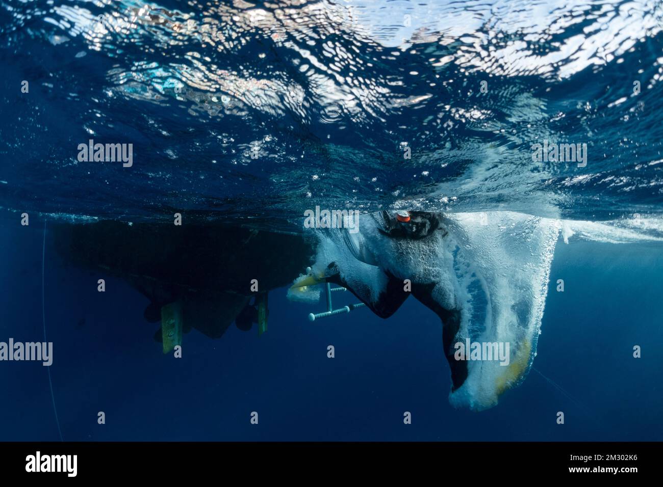 A scuba diver jumping from a boat into the sea while creating a lot of ...