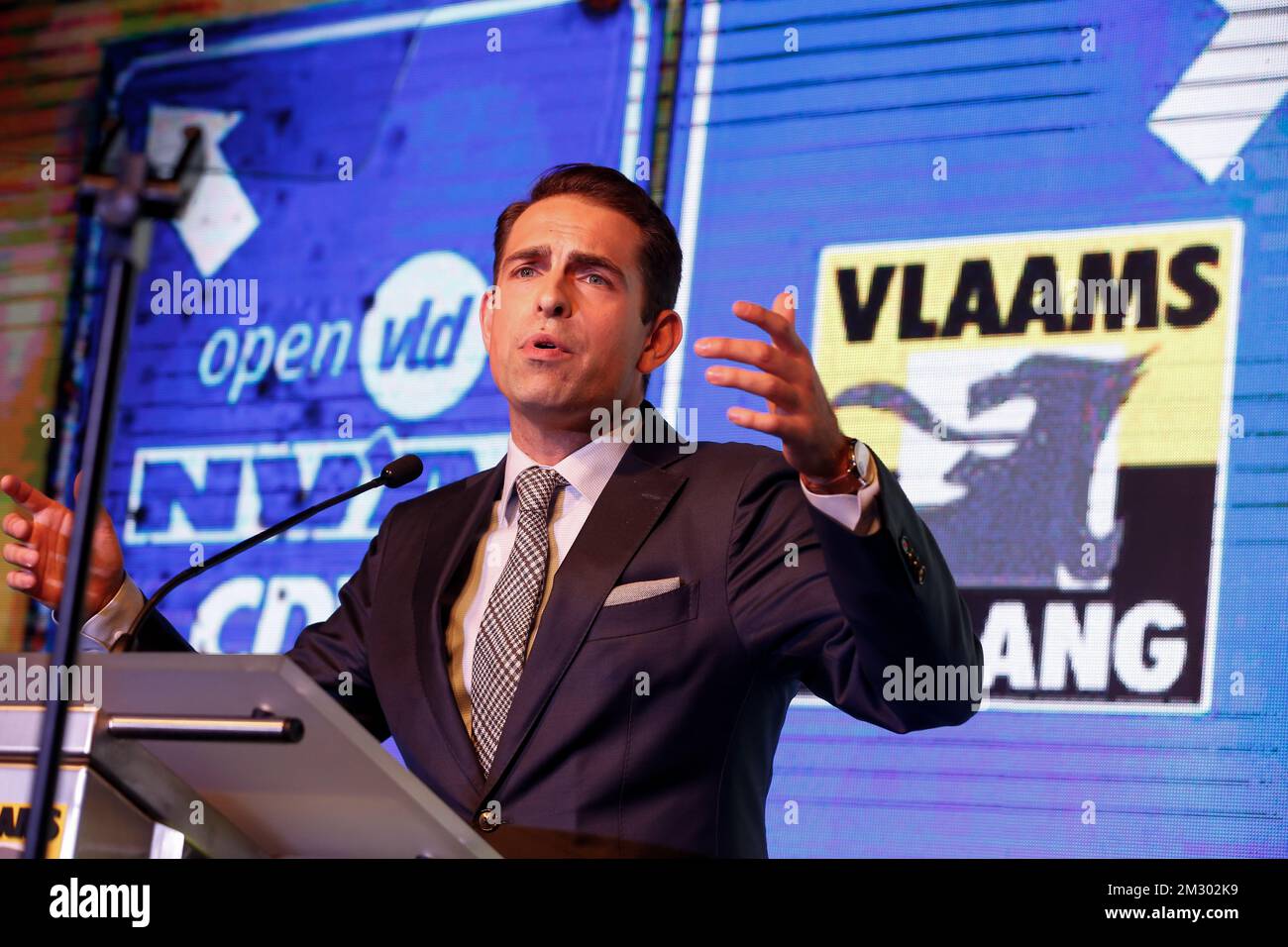 Vlaams Belang's Tom Van Grieken delivers a speech at a national fight ...
