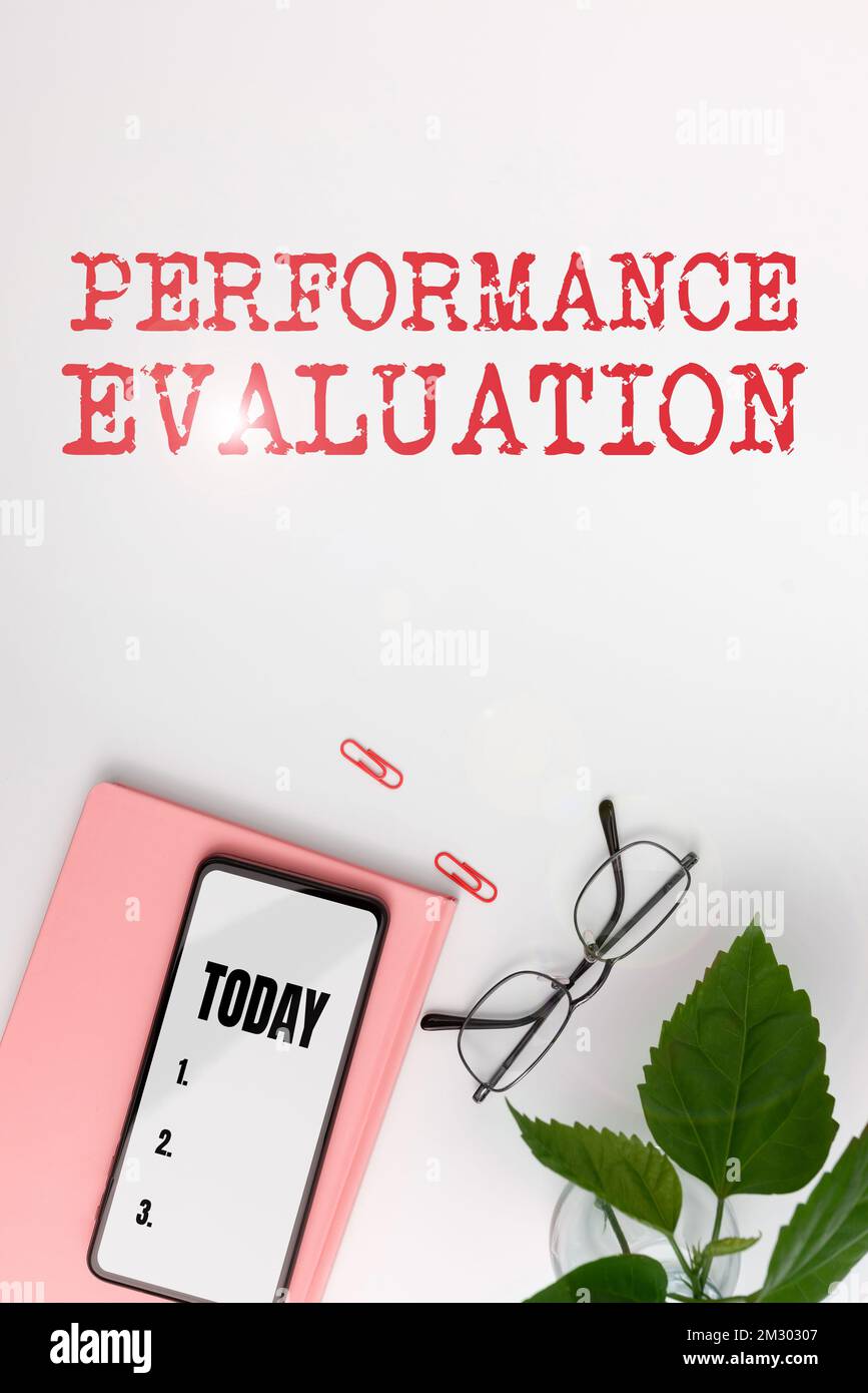 Sign displaying Performance Evaluation. Word Written on the development and action planning of ...