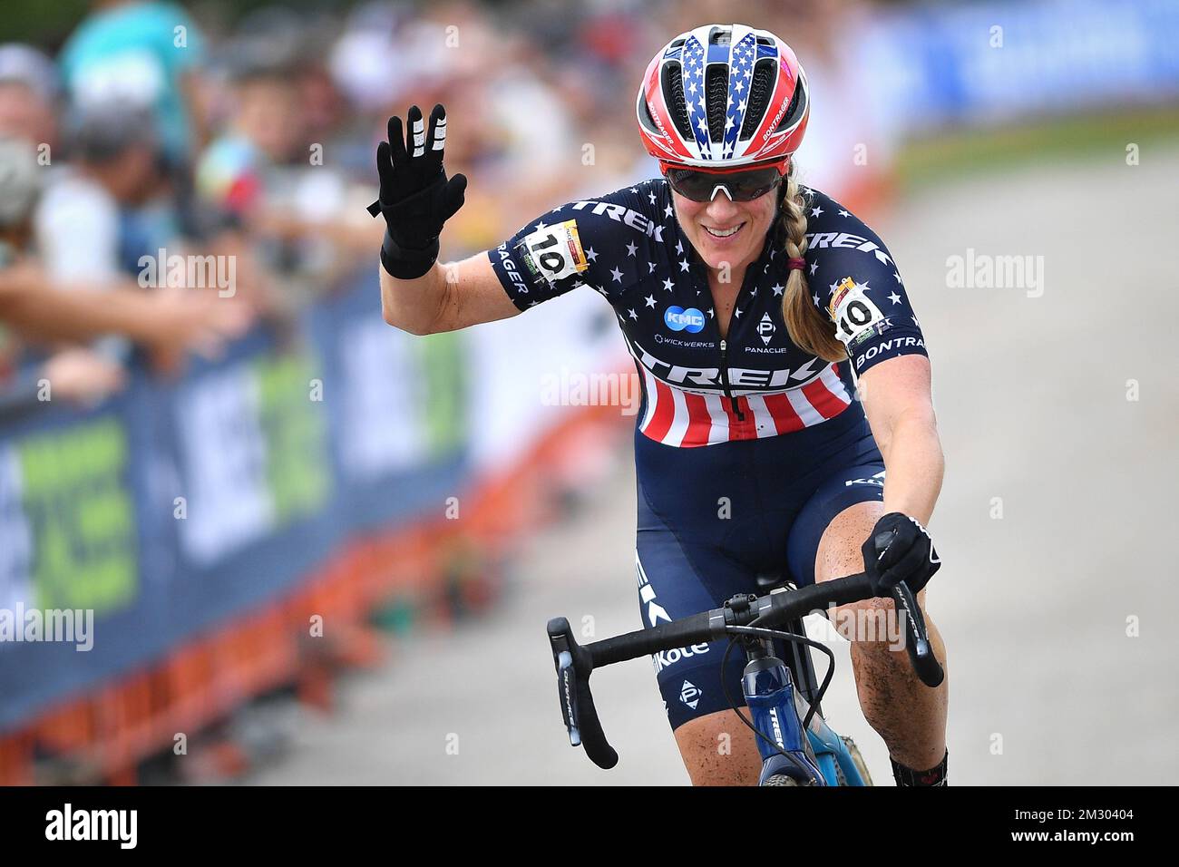 US Katie Compton crosses the finish line at the women's Jingle Cross ...