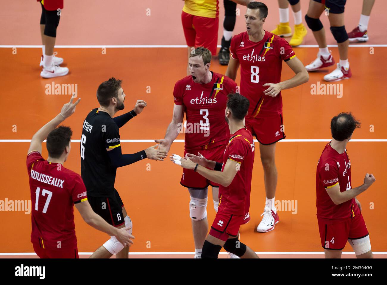 Belgium's Sam Deroo (C) celebrates during a group B game between Spain ...