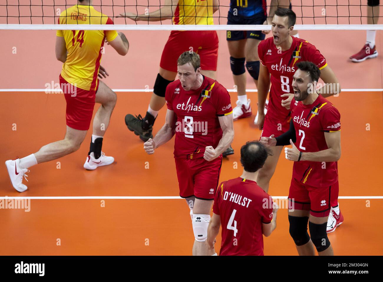 Belgium's Sam Deroo (C) celebrates during a group B game between Spain ...