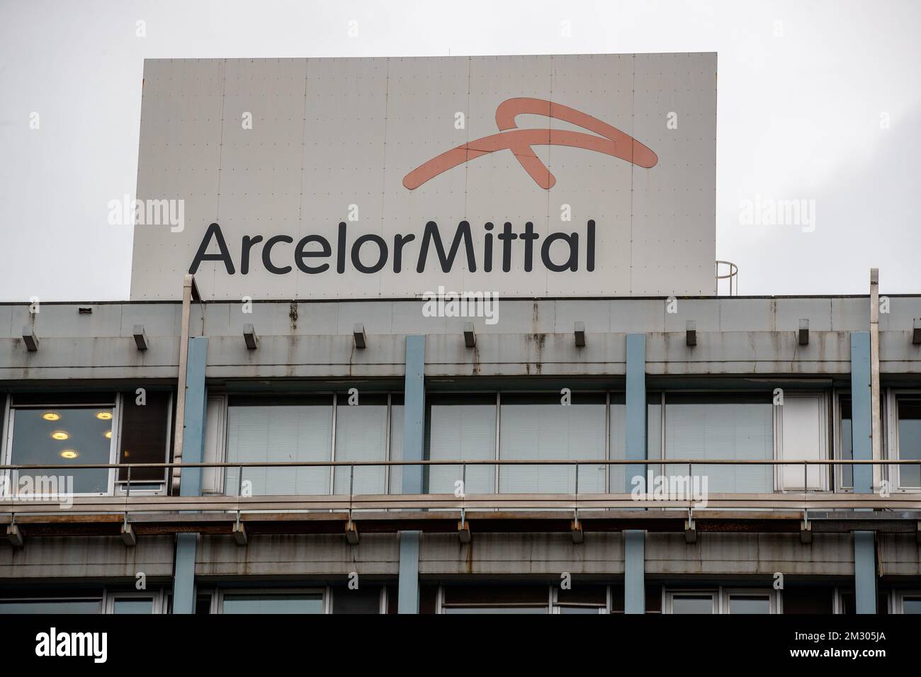 Illustration picture shows the ArcelorMittal logo at the headquarters ...