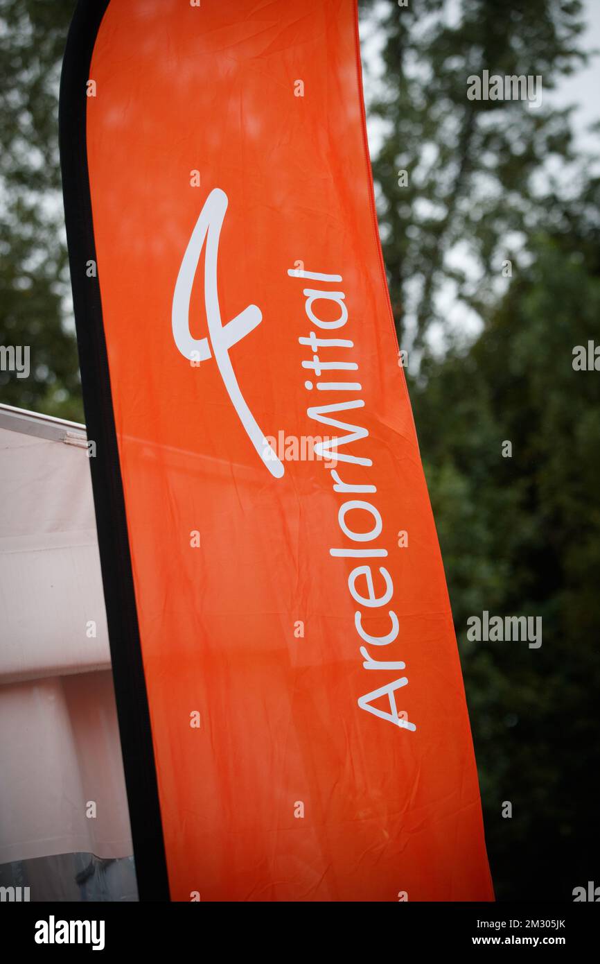 Illustration picture shows the ArcelorMittal logo on a flag at the ...