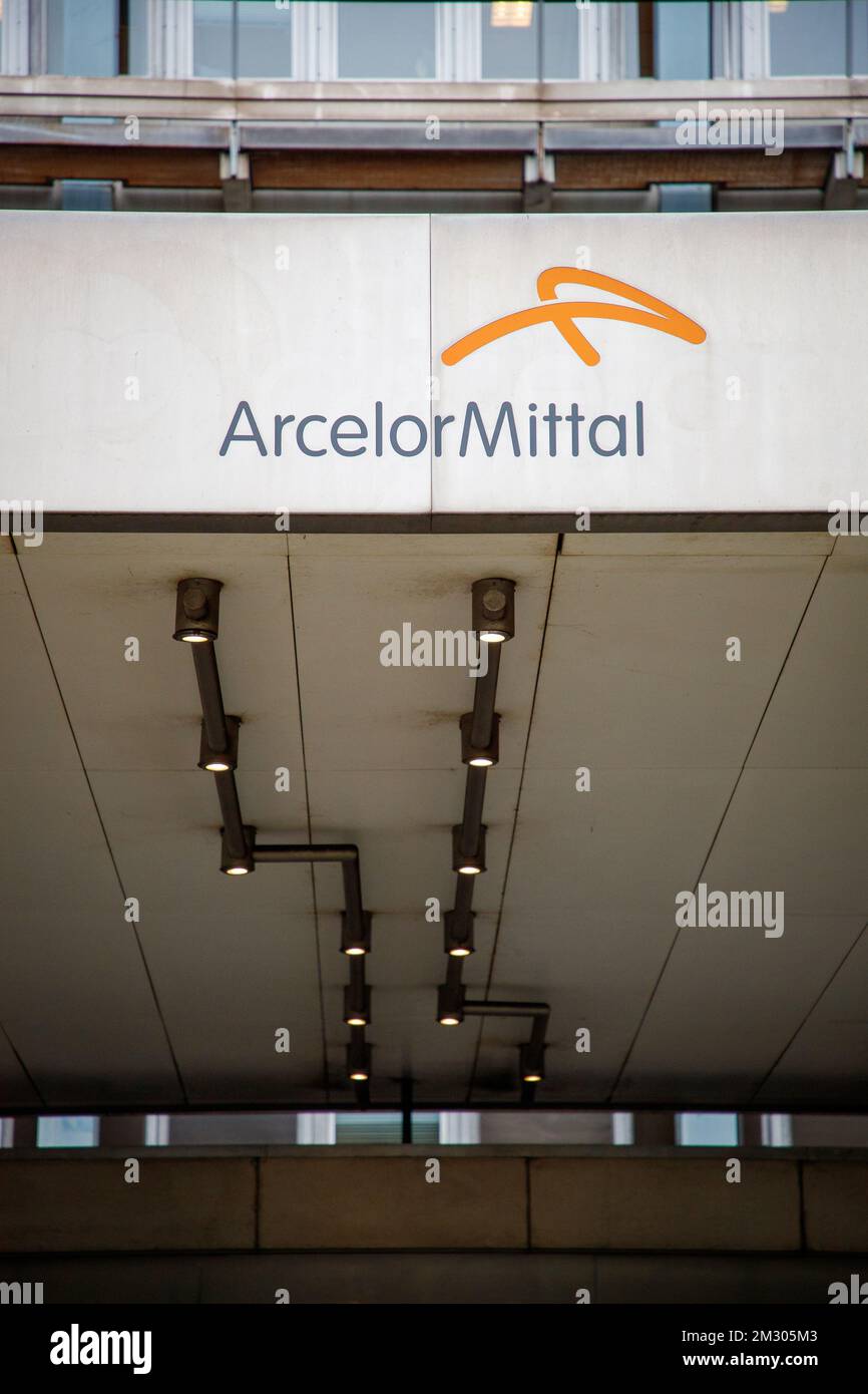 Illustration picture shows the Arcelor Mittal logo at the presentation ...