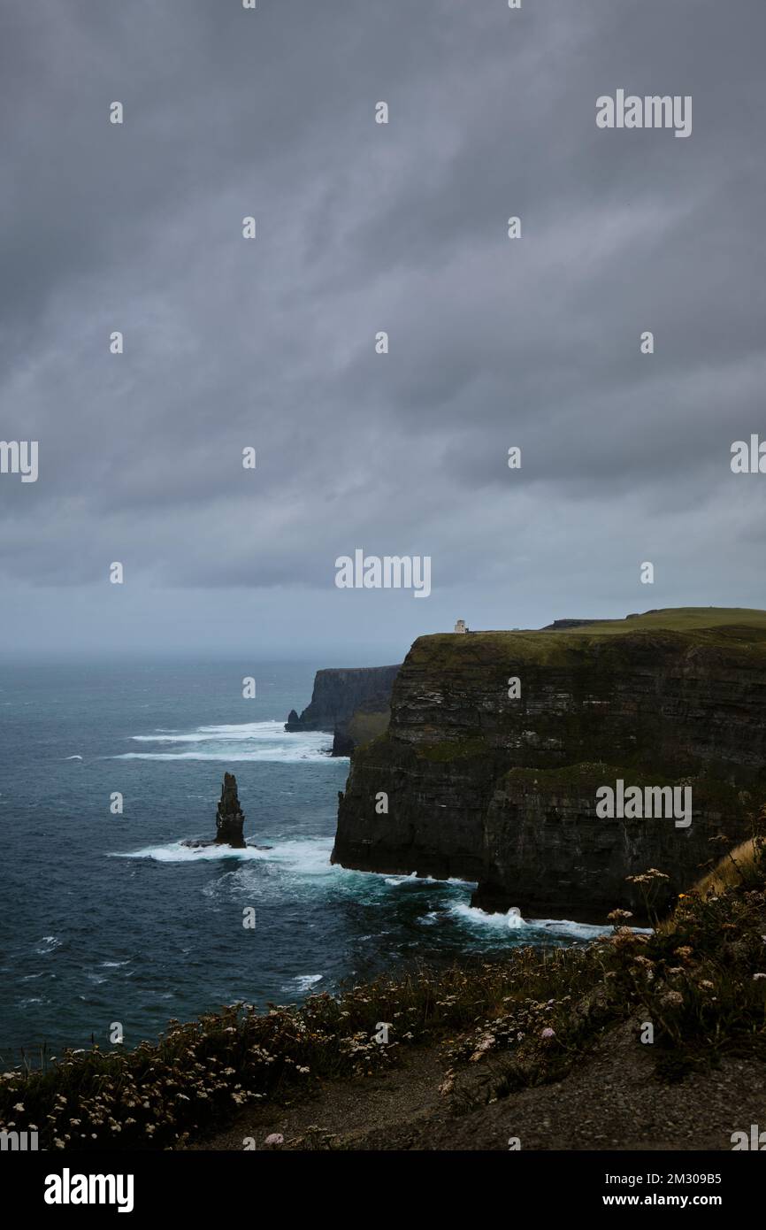 A scenic vertical view of the evergreen Cliffs of Moher in Ireland on a ...