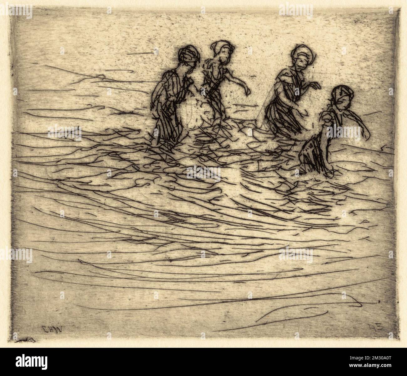 Four bathers walking in sea , Wading. Charles H. Woodbury (1864-1940 ...