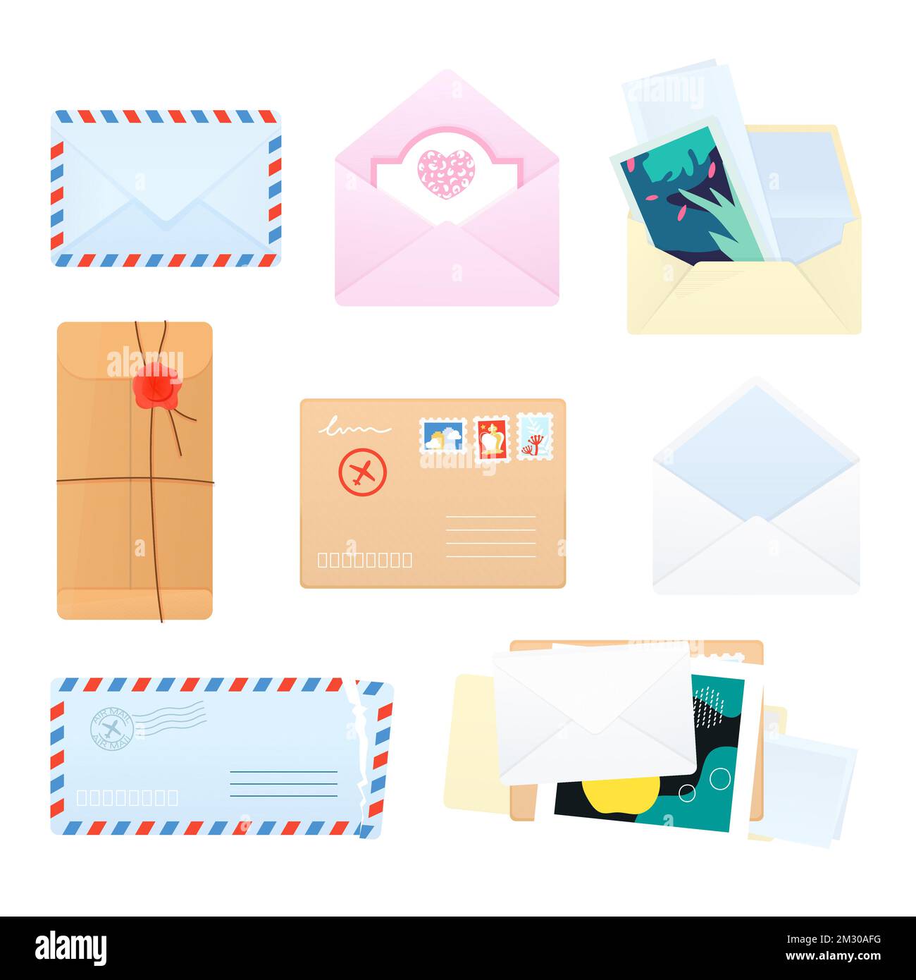 Postal envelopes and parcels - flat design style objects set Stock ...