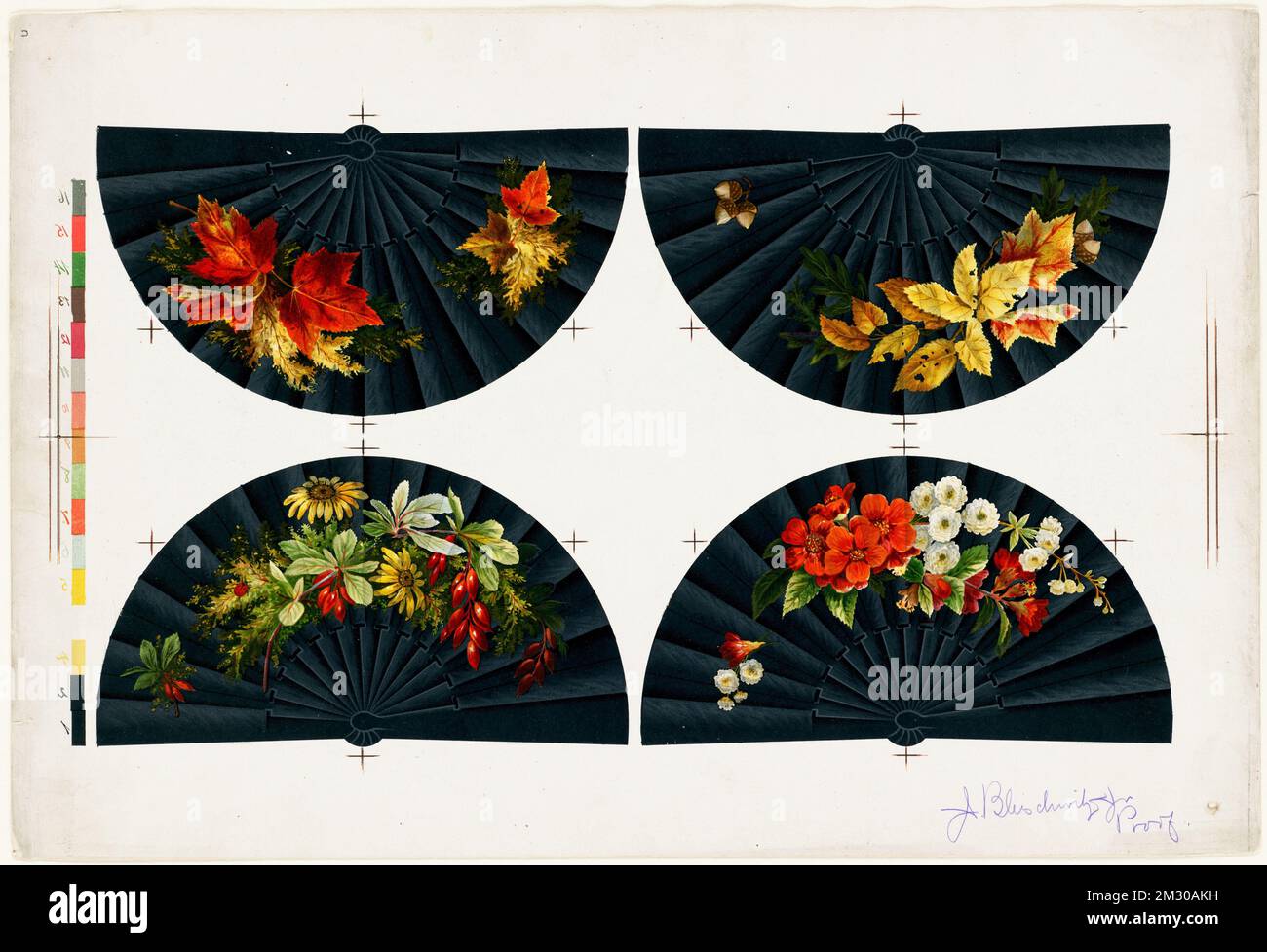 Four fan designs with black background and floral decoration , Flowers ...