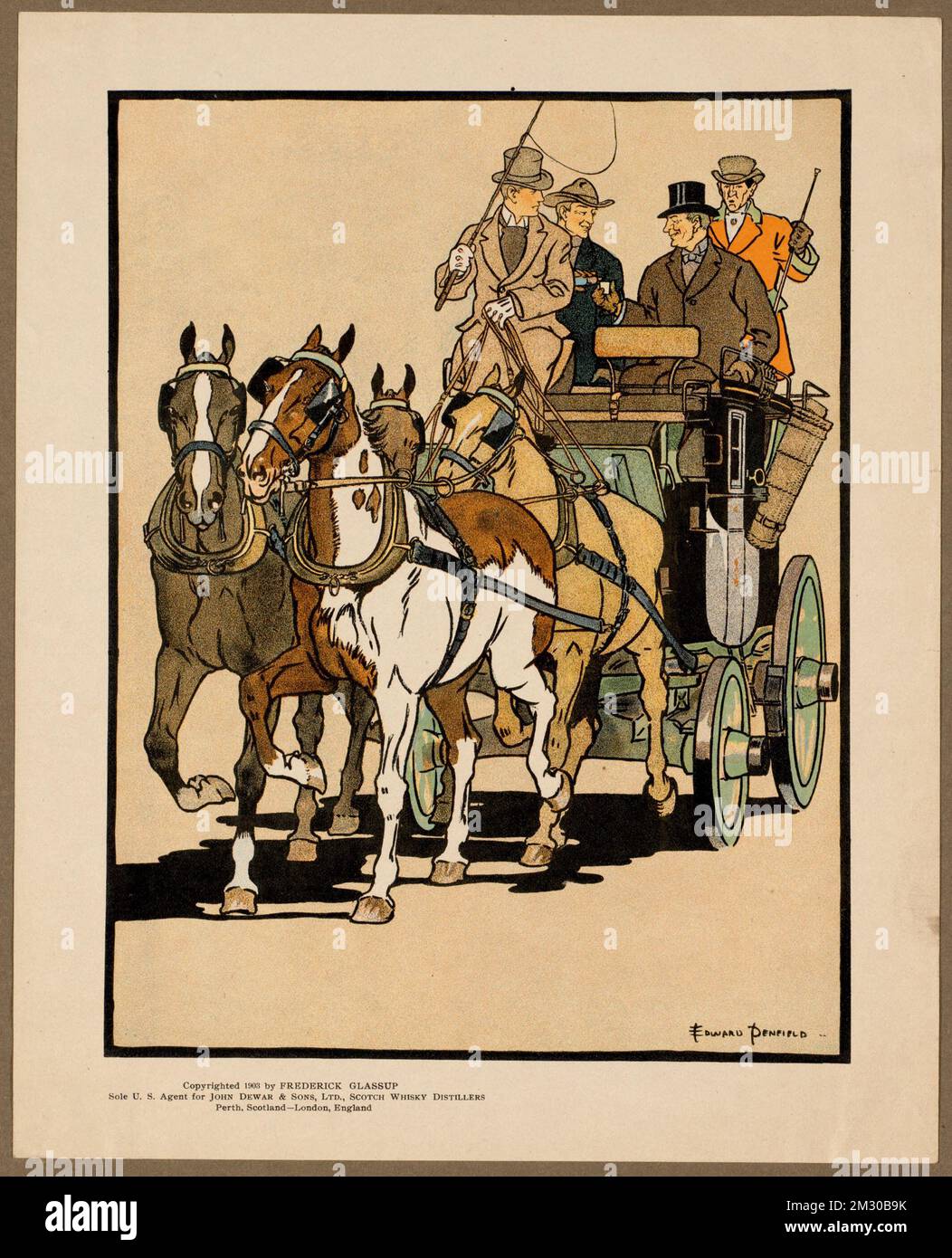Four men riding on top of a carriage being drawn by four horses ...
