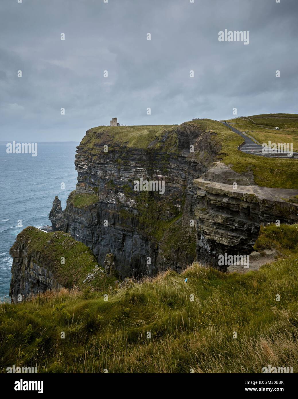 A scenic vertical view of the evergreen Cliffs of Moher in Ireland on a ...