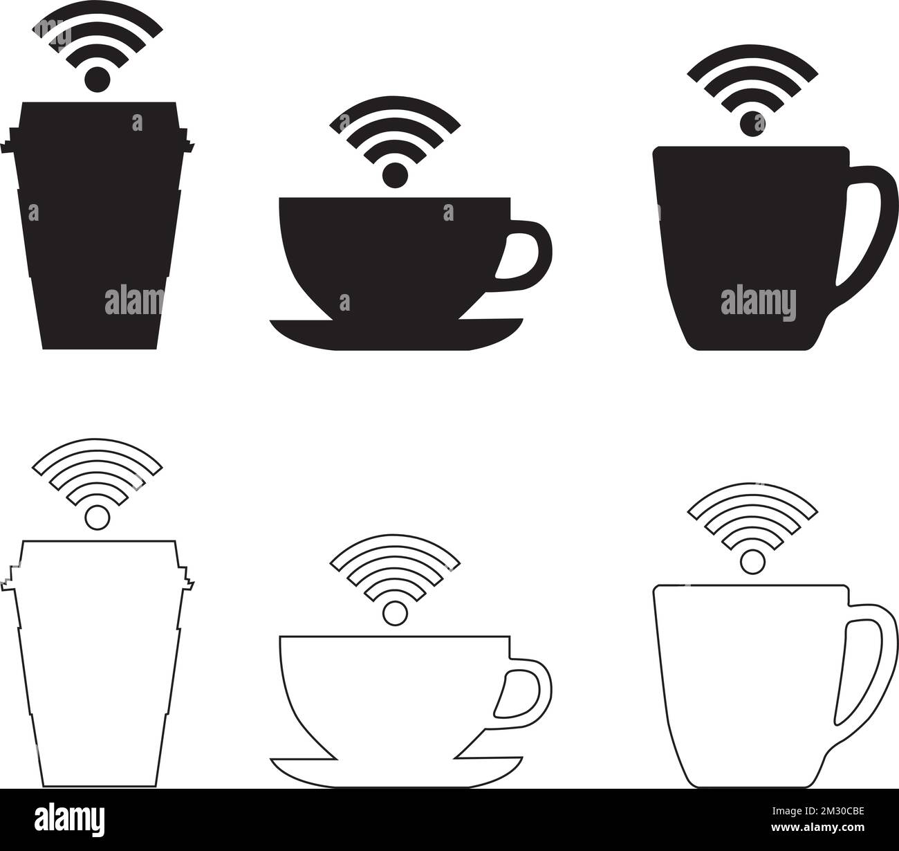 Coffee cups and mugs with wi-fi sing above on a white background with ...