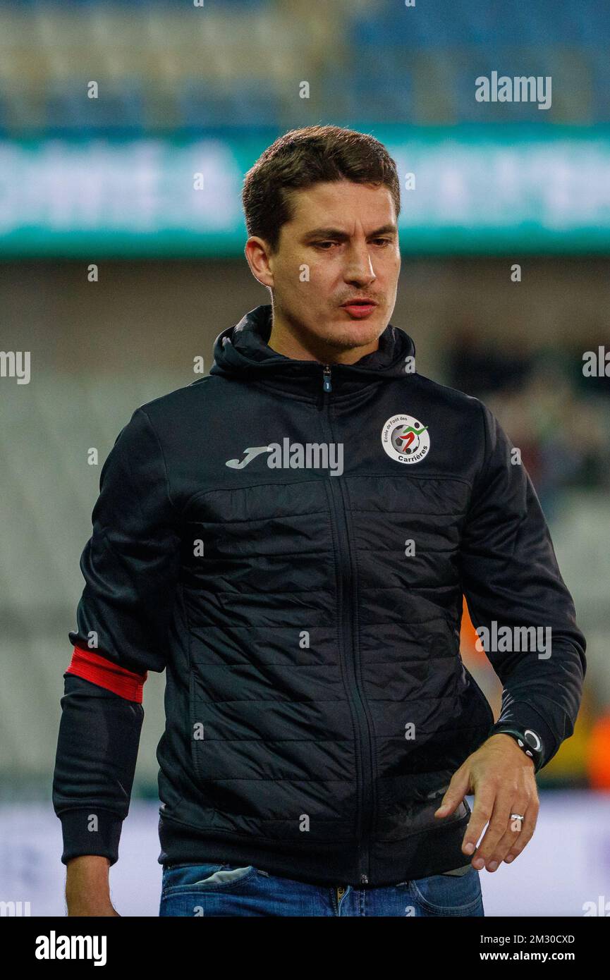 Rebecquoise's head coach Dimitri Leurquin pictured during a soccer game ...