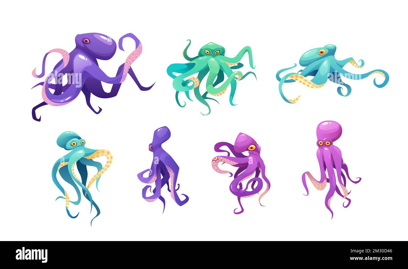 Octopuses set cartoon vector illustration. Sea cute animal Stock Vector ...