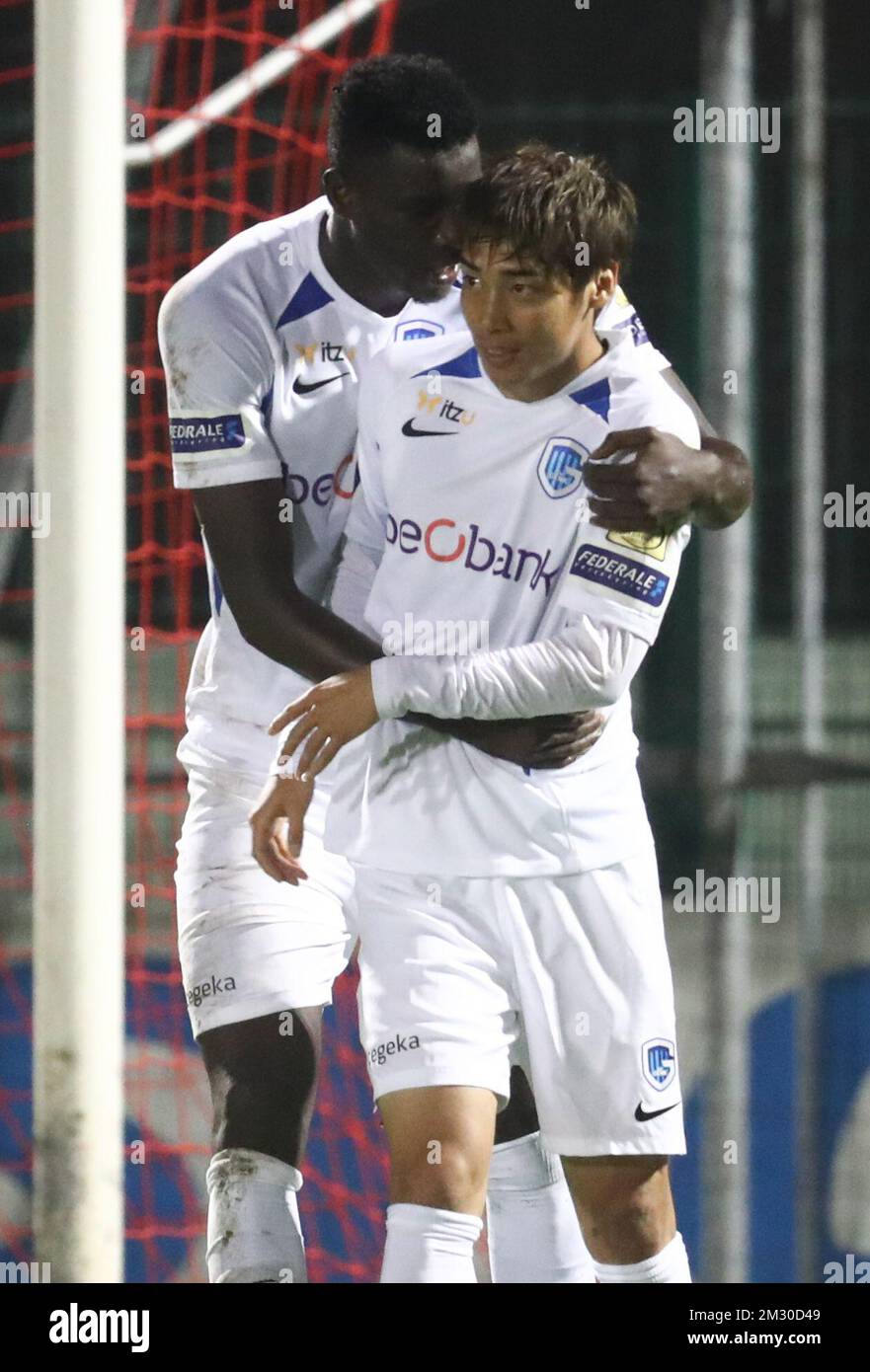 Genk's Paul Onuachu celebrates after scoring during a soccer game ...