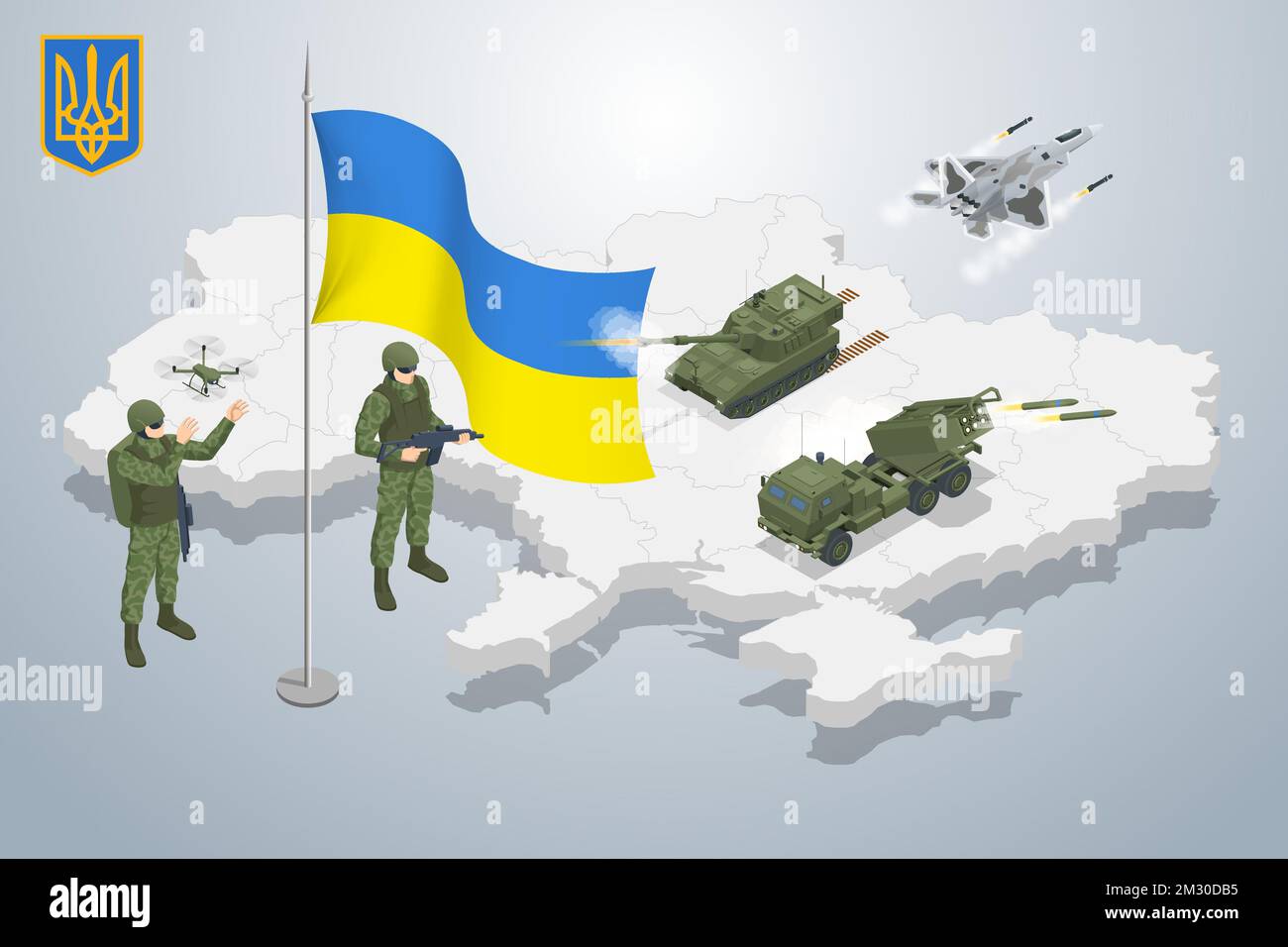 Isometric Ukrainian soldier on the background of the map of Ukraine and ...