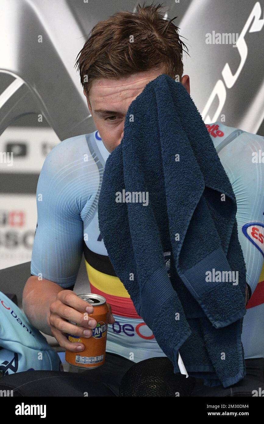 Belgian Remco Evenepoel pictured in the hot seat after the Men Elite Individual Time Trial at ...