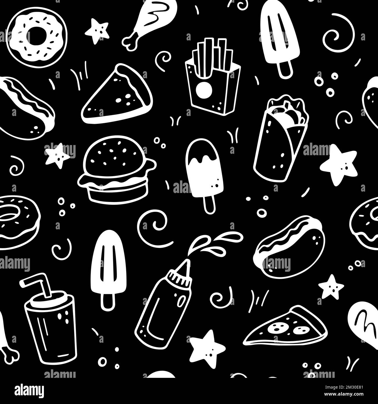 Hand drawn seamless pattern with fast food elements, burger, pizza, hot dog, ice cream, donut ...