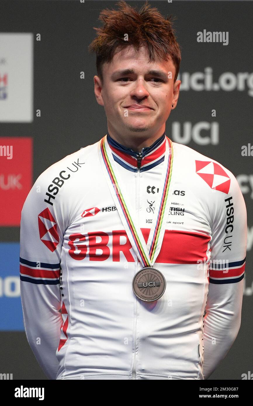 Bronze medalist British Thomas Tom Pidcock pictured on the podium after the U23 race at the UCI ...