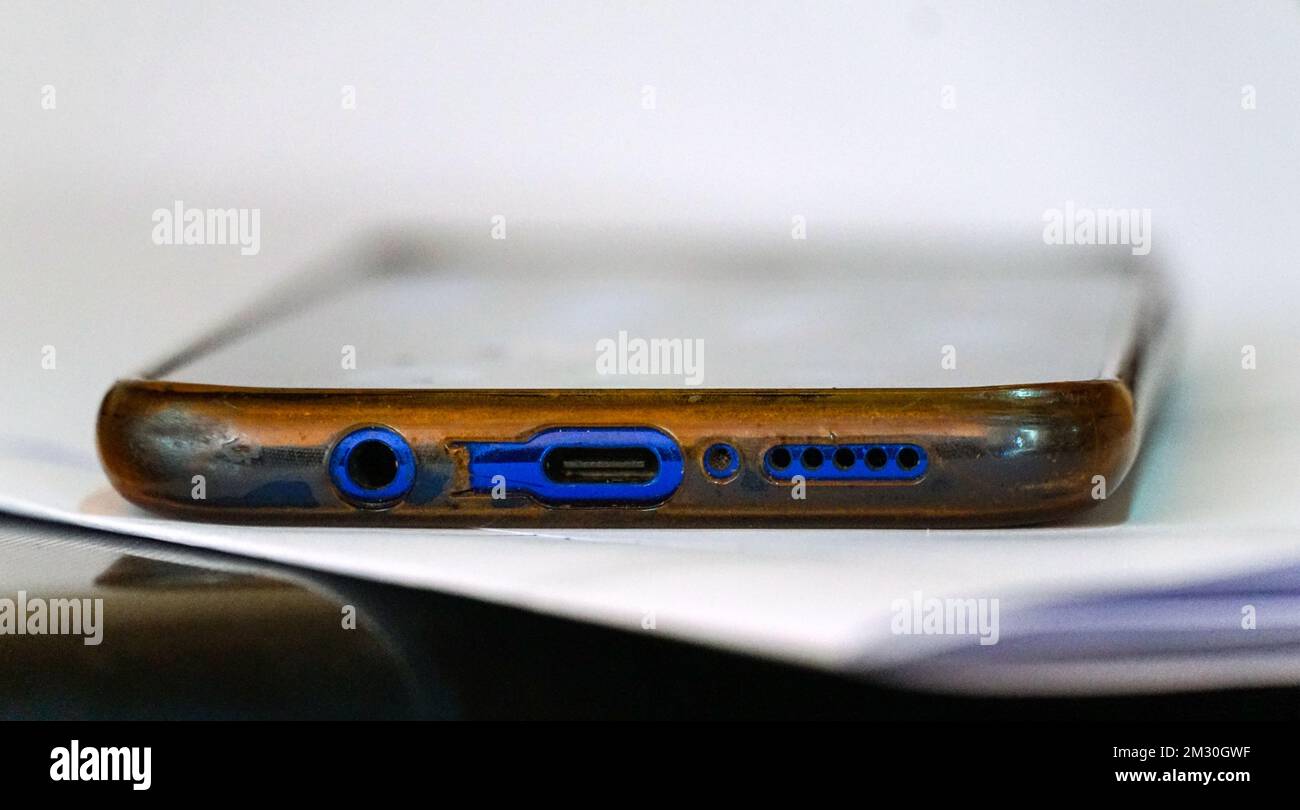 Close-up view of ports for charging smartphone and audio input Stock ...