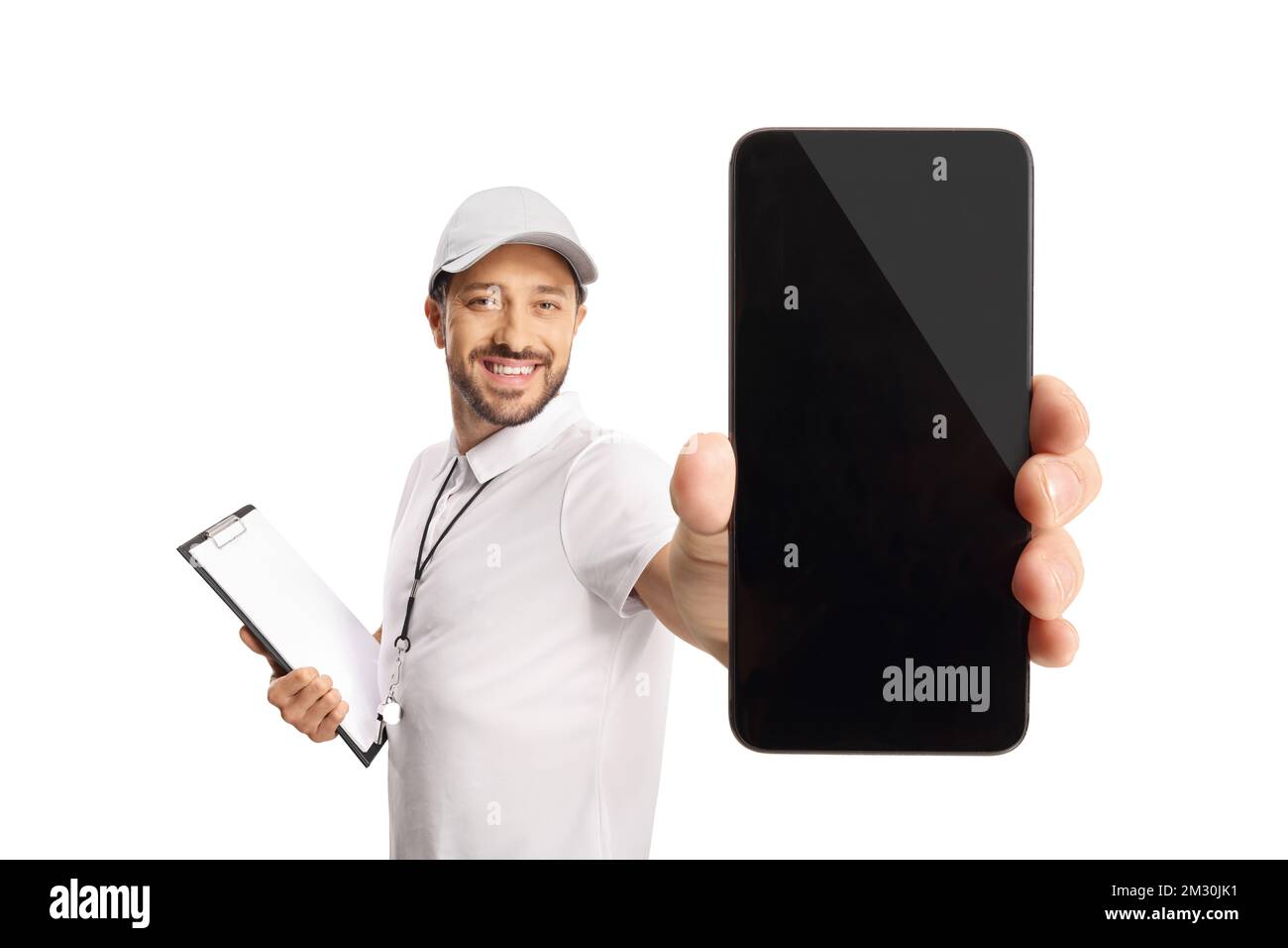 Sports coach with a whistle holding a clipboard and showing a ...