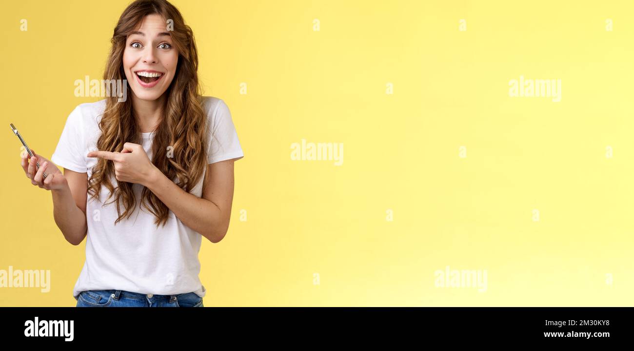 Cheerful happy attractive caucasian female curly hairstyle smiling ...