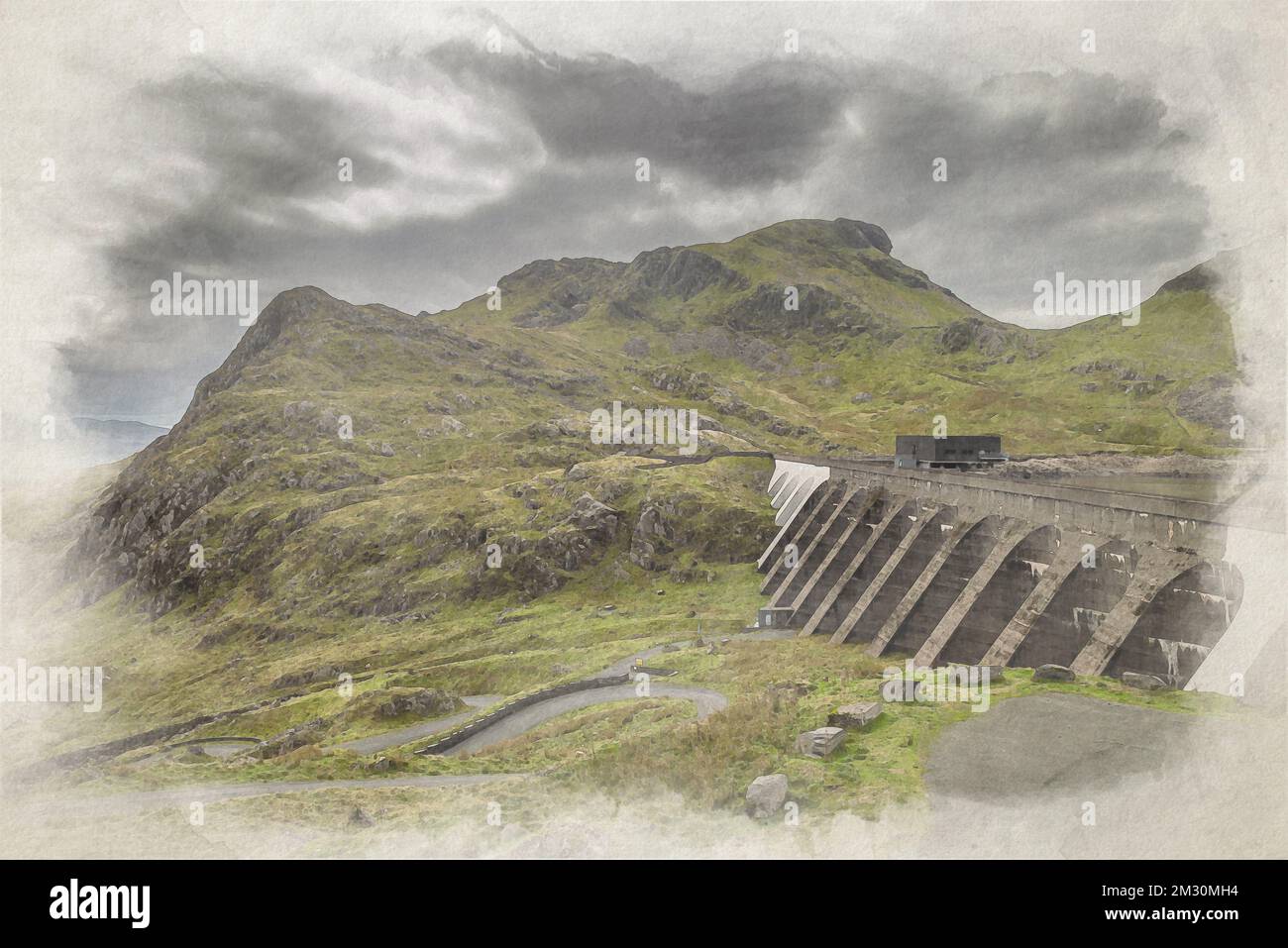 Snowdonia digital watercolor painting of Stwlan Dam and the Moelwyn ...
