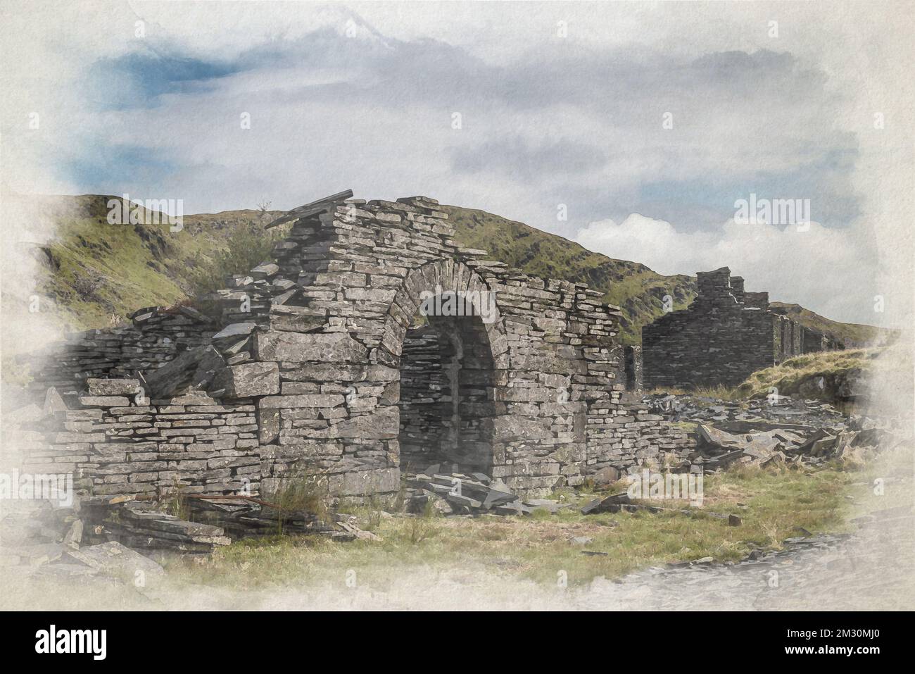 Digital watercolor painting of the abandoned Cwmorthin Slate Quarry at ...