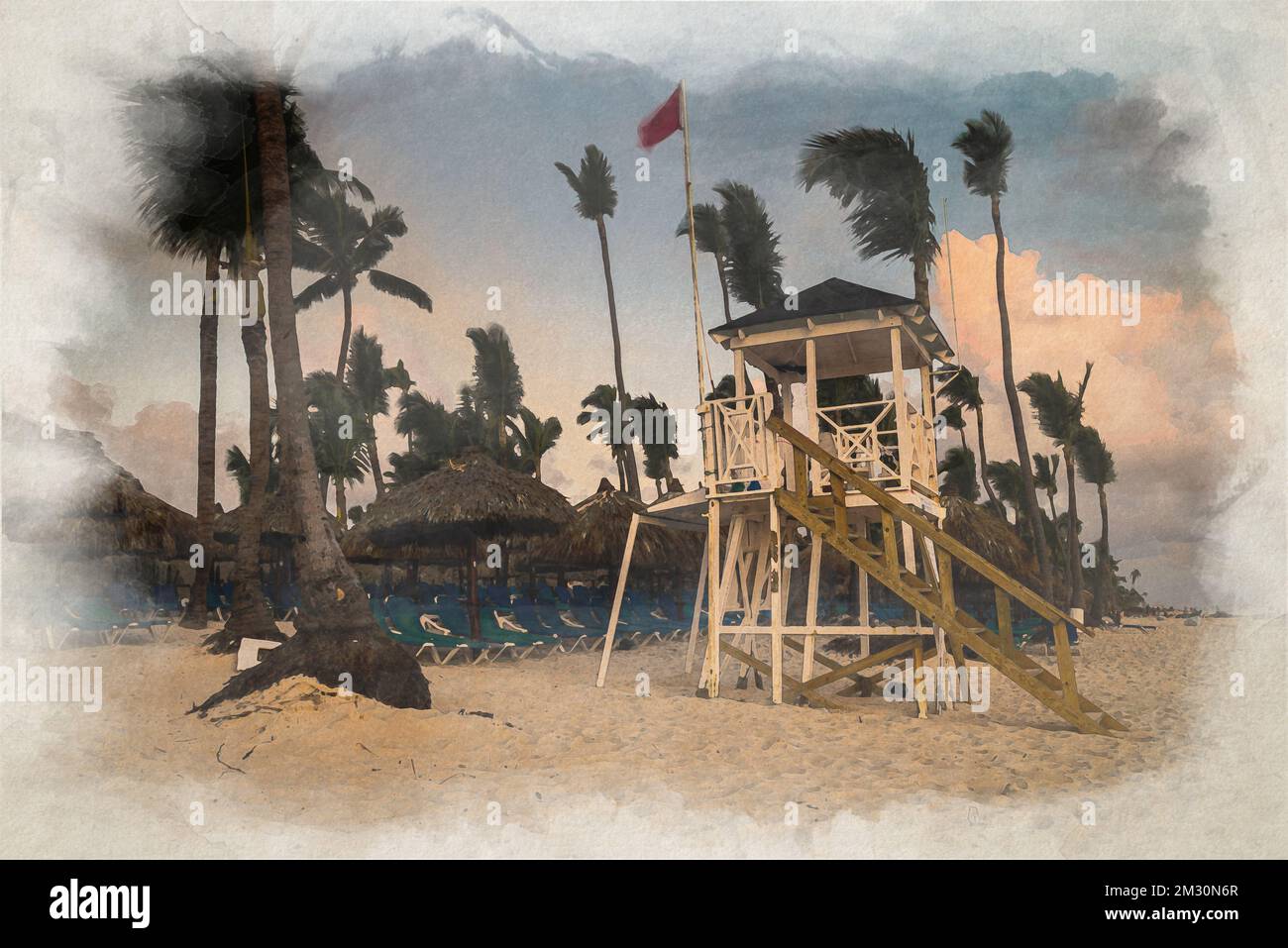 Digital watercolor painting of a life guard tower on an empty beach at ...