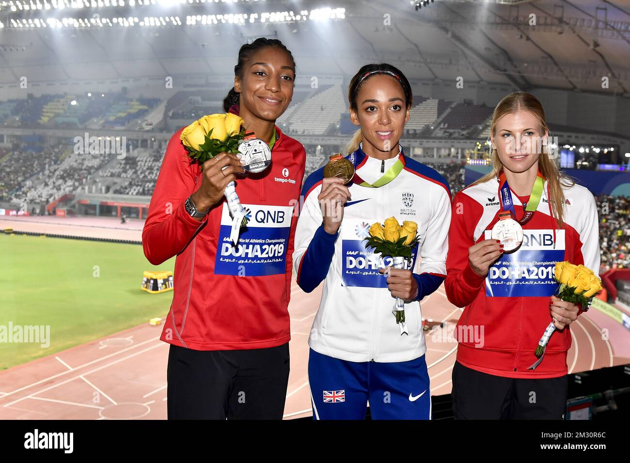 Belgian Nafissatou Nafi Thiam, Britain's Katarina Johnson-Thompson and ...
