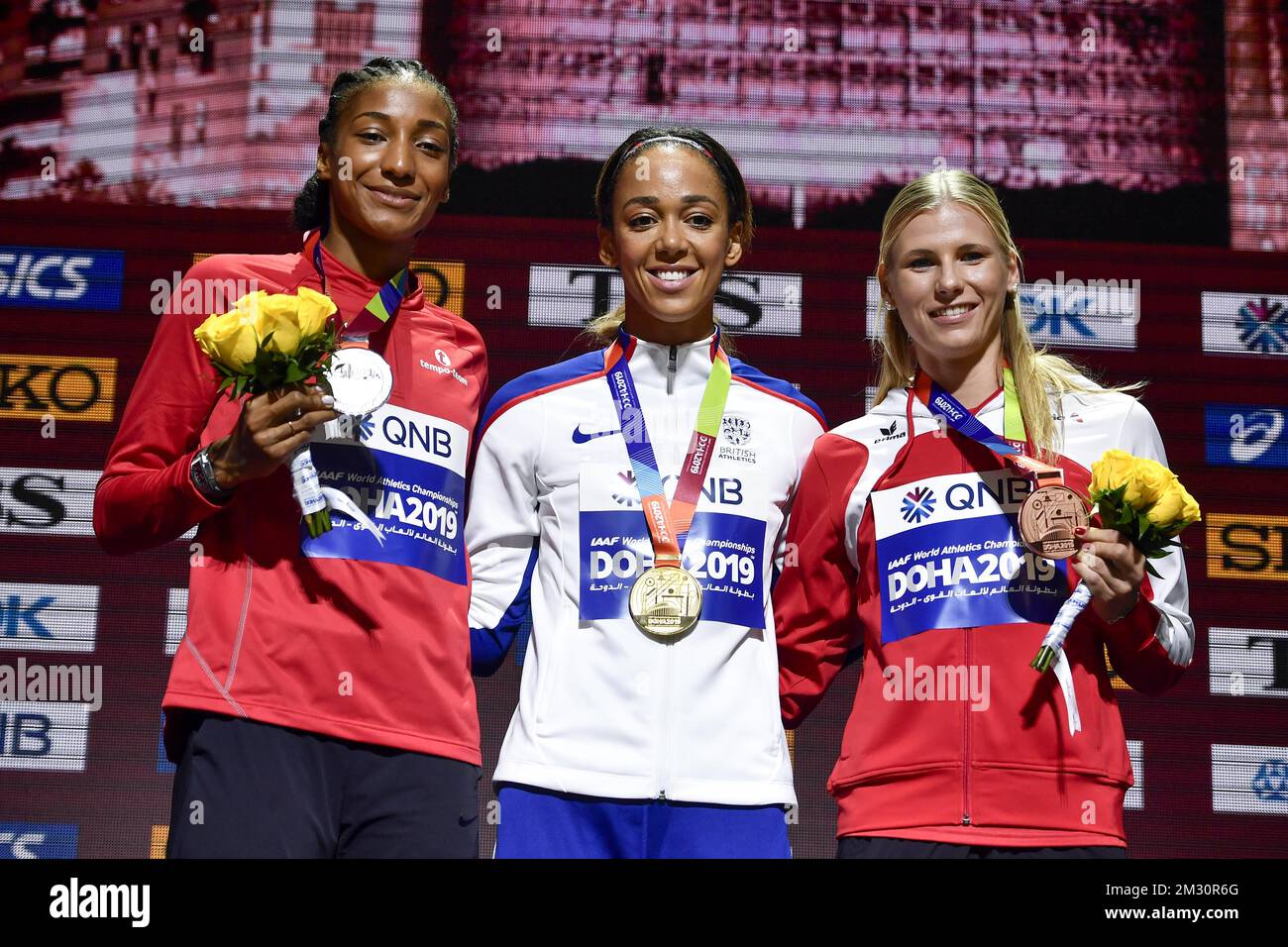 Belgian Nafissatou Nafi Thiam, Britain's Katarina Johnson-Thompson and ...