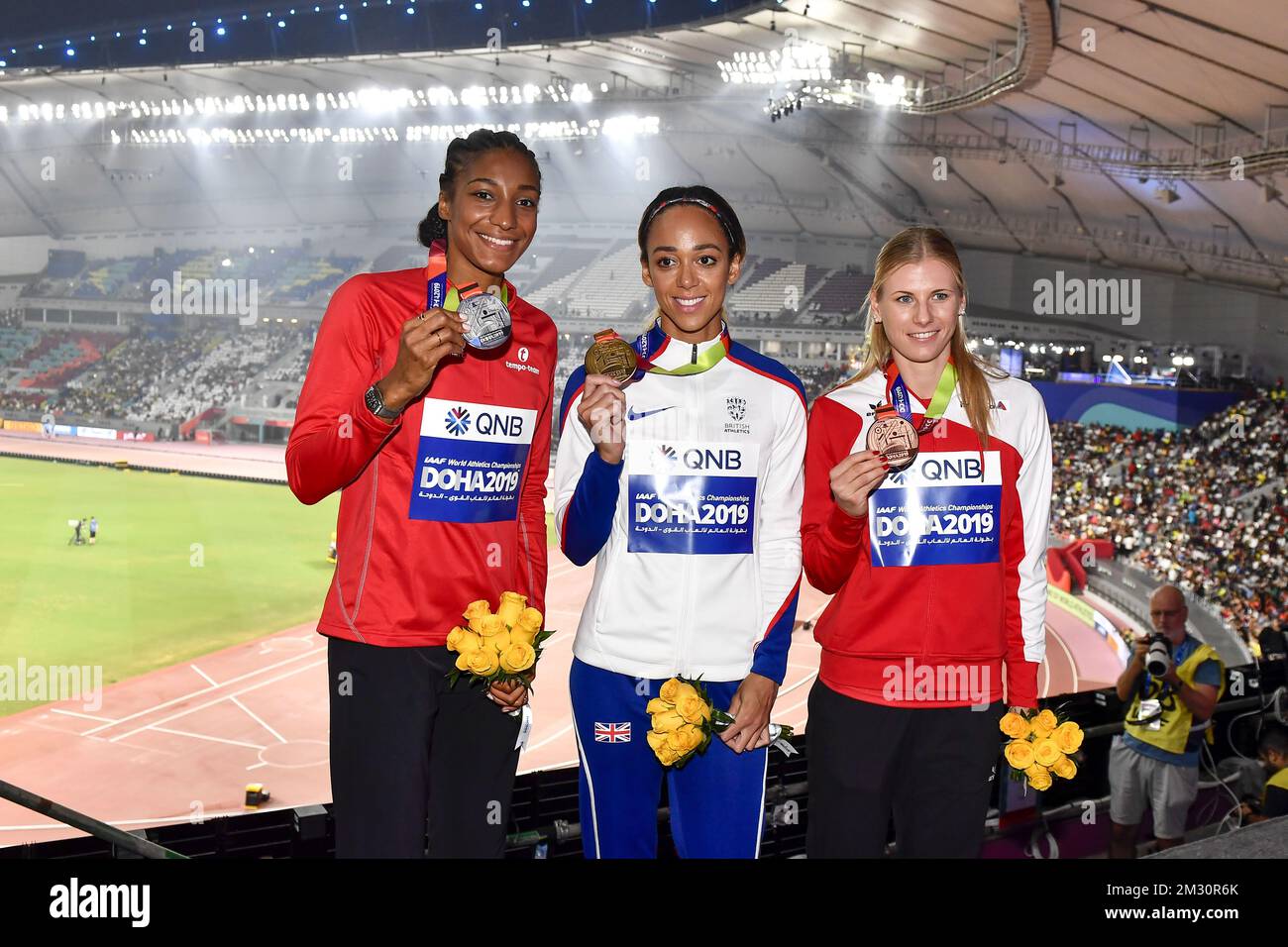 Belgian Nafissatou Nafi Thiam, Britain's Katarina Johnson-Thompson and ...