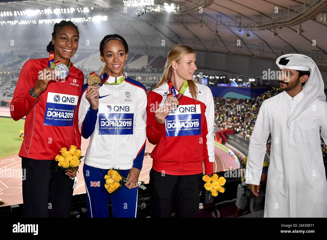 Belgian Nafissatou Nafi Thiam, Britain's Katarina Johnson-Thompson and ...