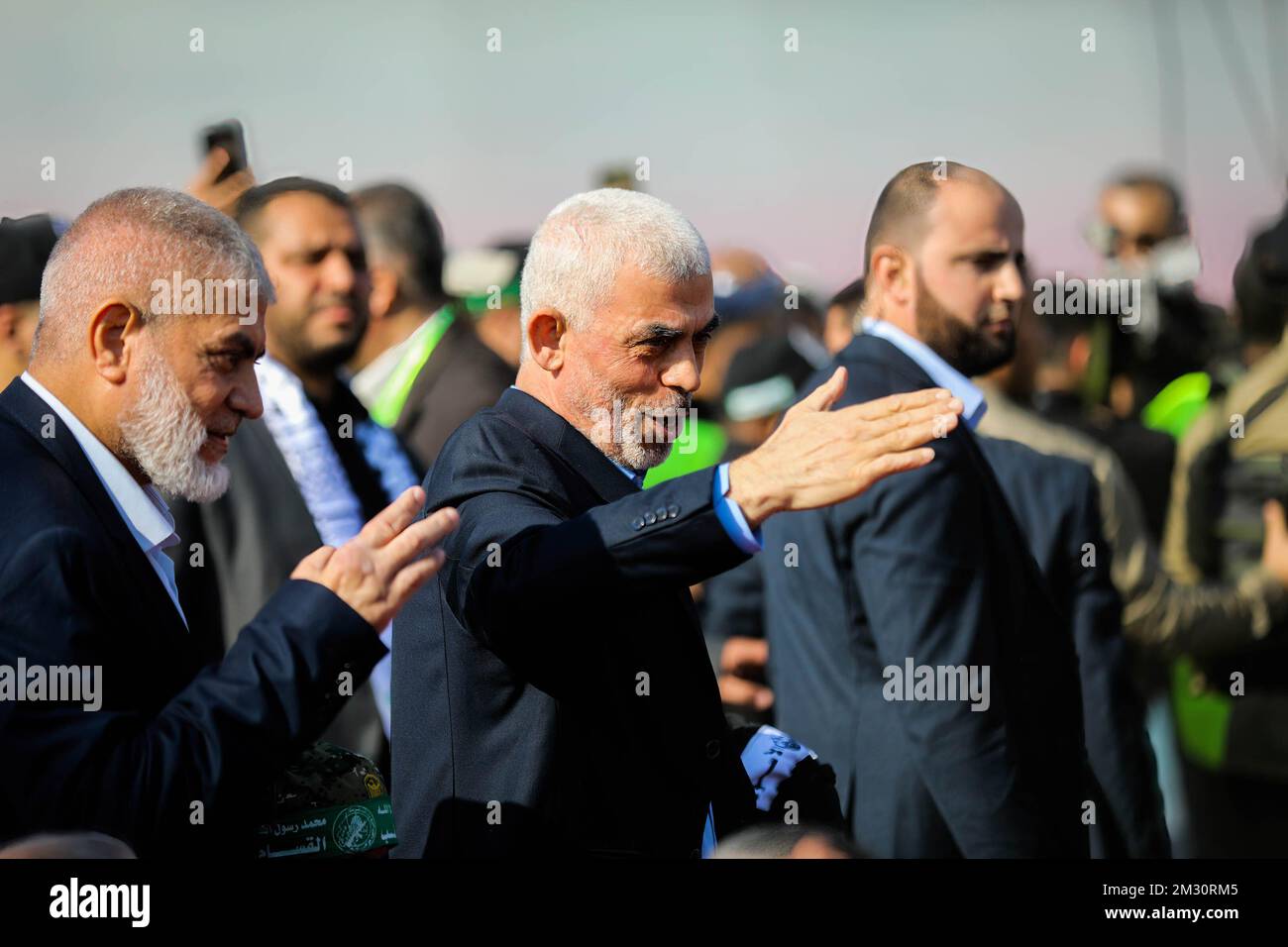 Hamas leader Yehya Al-Sinwar speaks during the event. Rally marking the ...