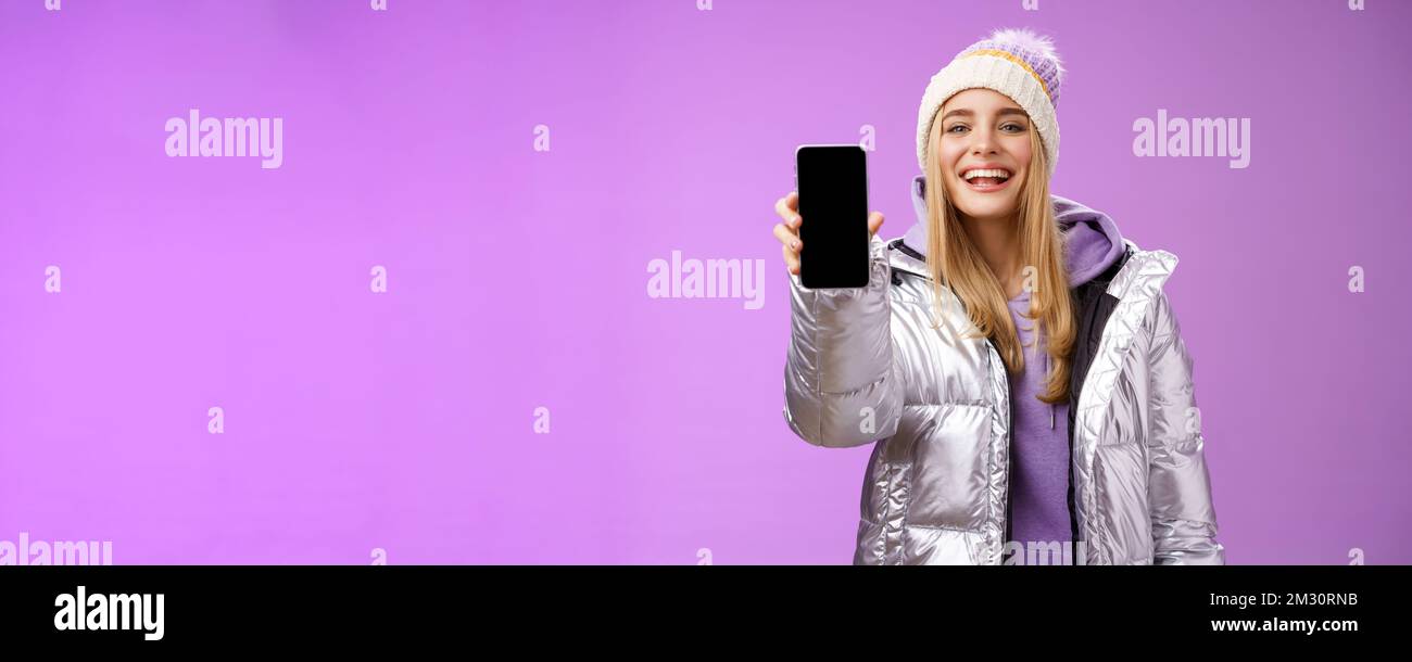 Sassy delighted cheerful blond woman recommend use app edit perfect ...